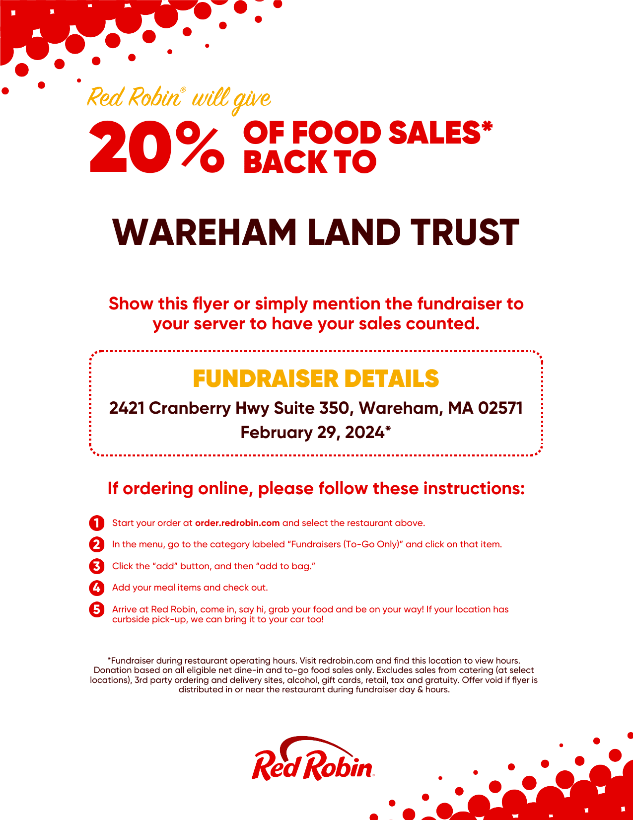 WLT Fundraiser at Red Robin – Feb 29 – Wareham Land Trust